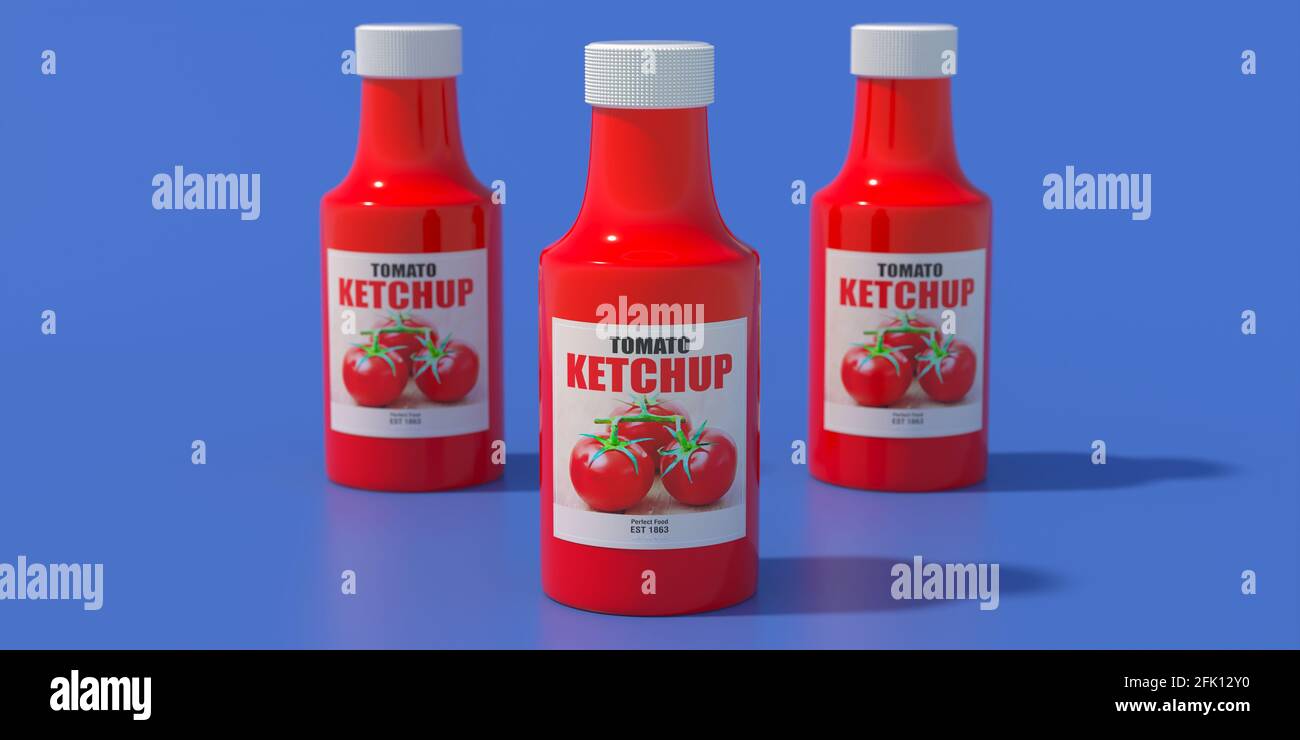 Dressing sauce concept. Three ketchup plastic bottles, label with ...