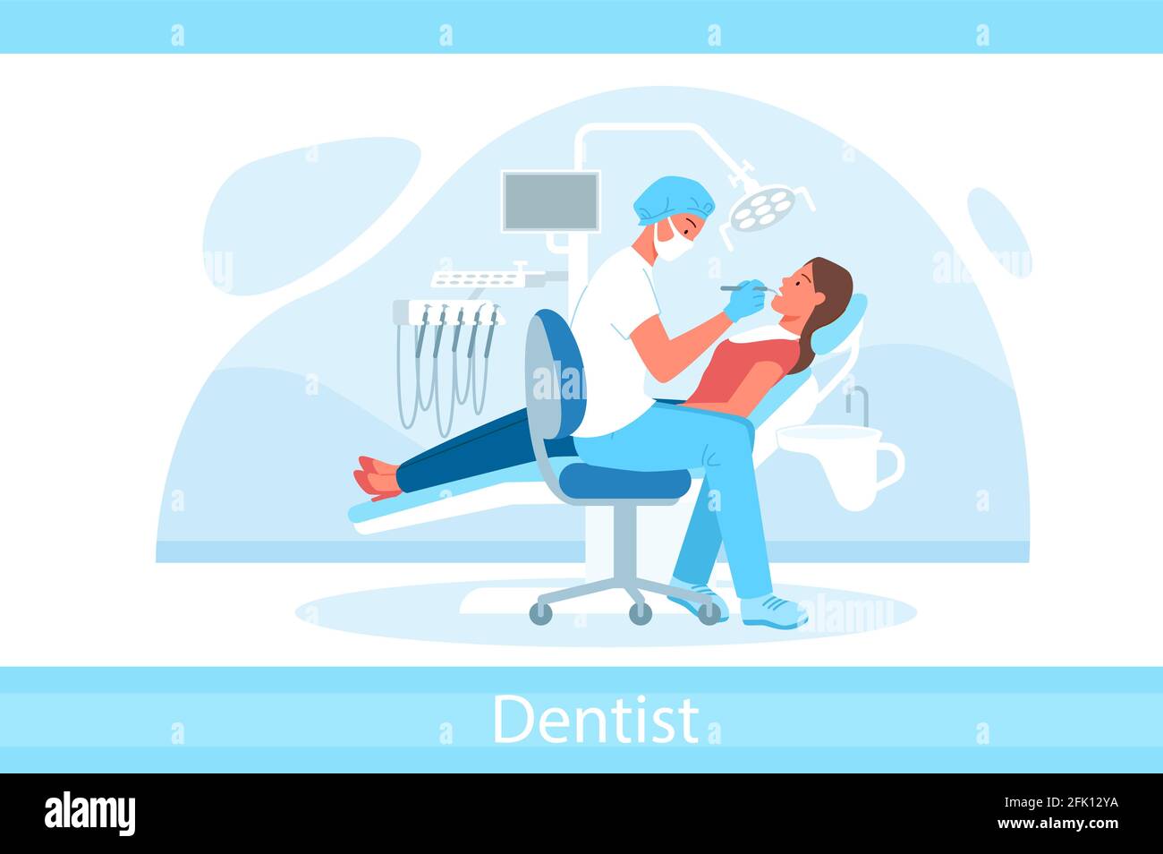 Cartoon doctor dentist character in mask holding dental instrument and ...