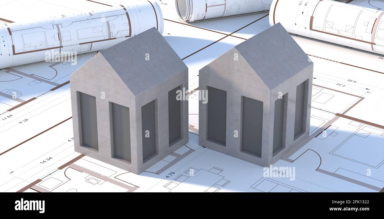 Modern model houses on blueprint plan background. Architecture project ...