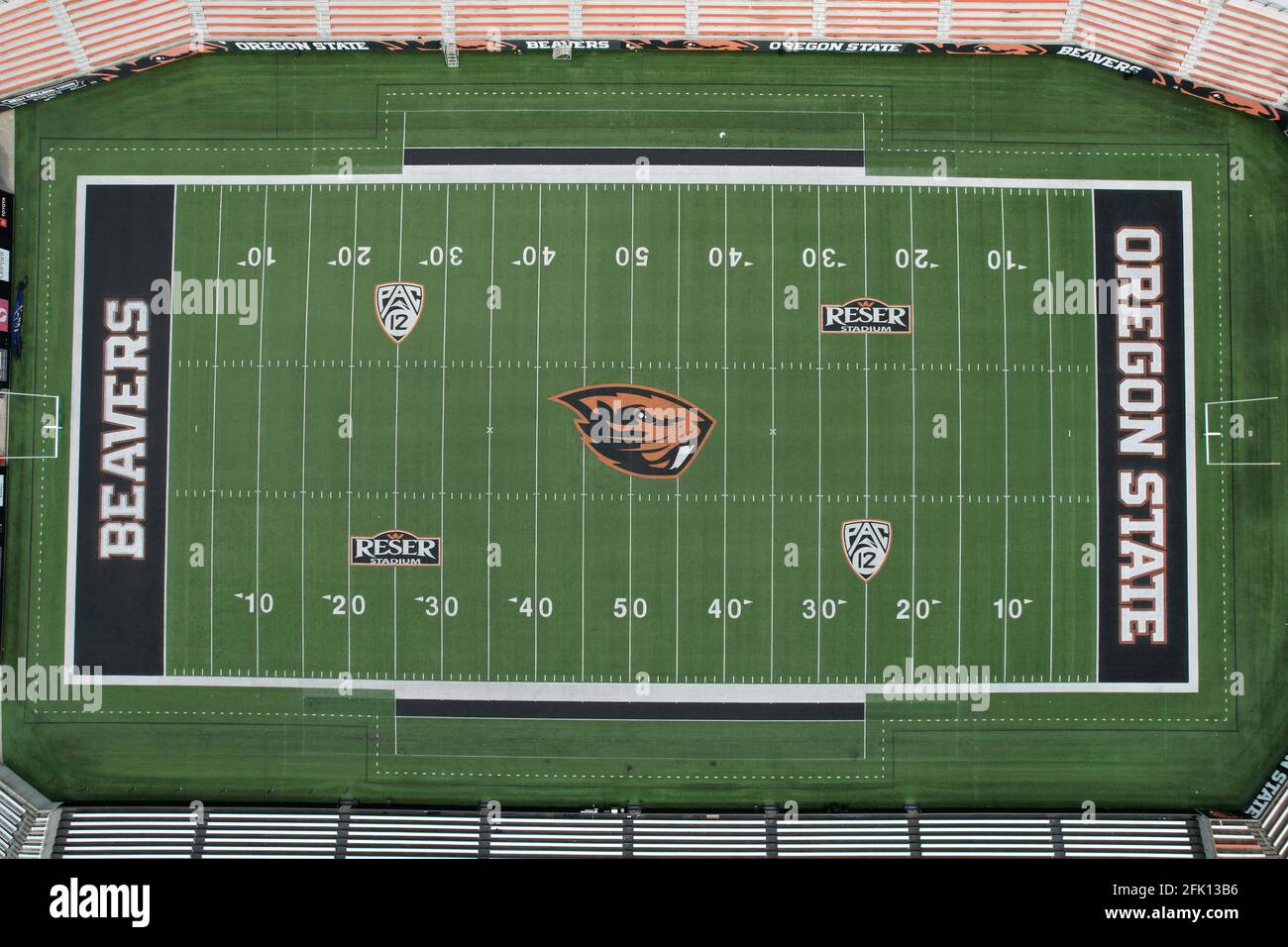 An aerial view of the Oregon State Beavers and Pac-12 Conference logos ...