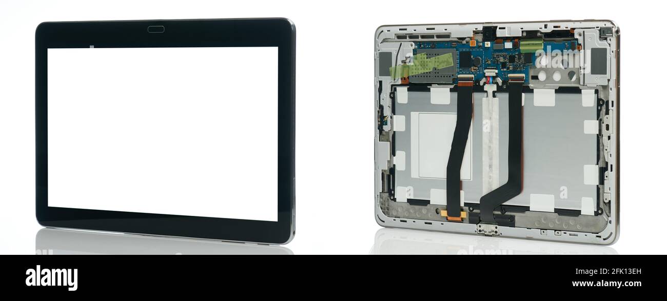 Open modern tablet with electronics isometric isolated back and front ...