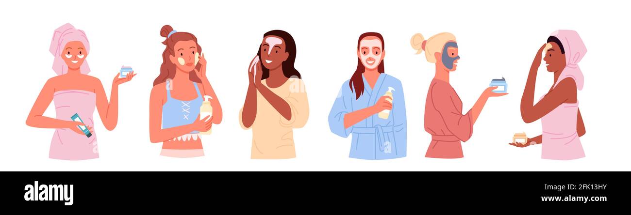 Cartoon young happy beautiful woman characters care for facial skin ...