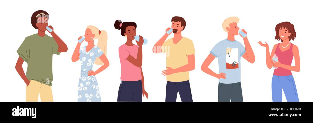 Cartoon young man woman characters standing and drinking refreshing ...