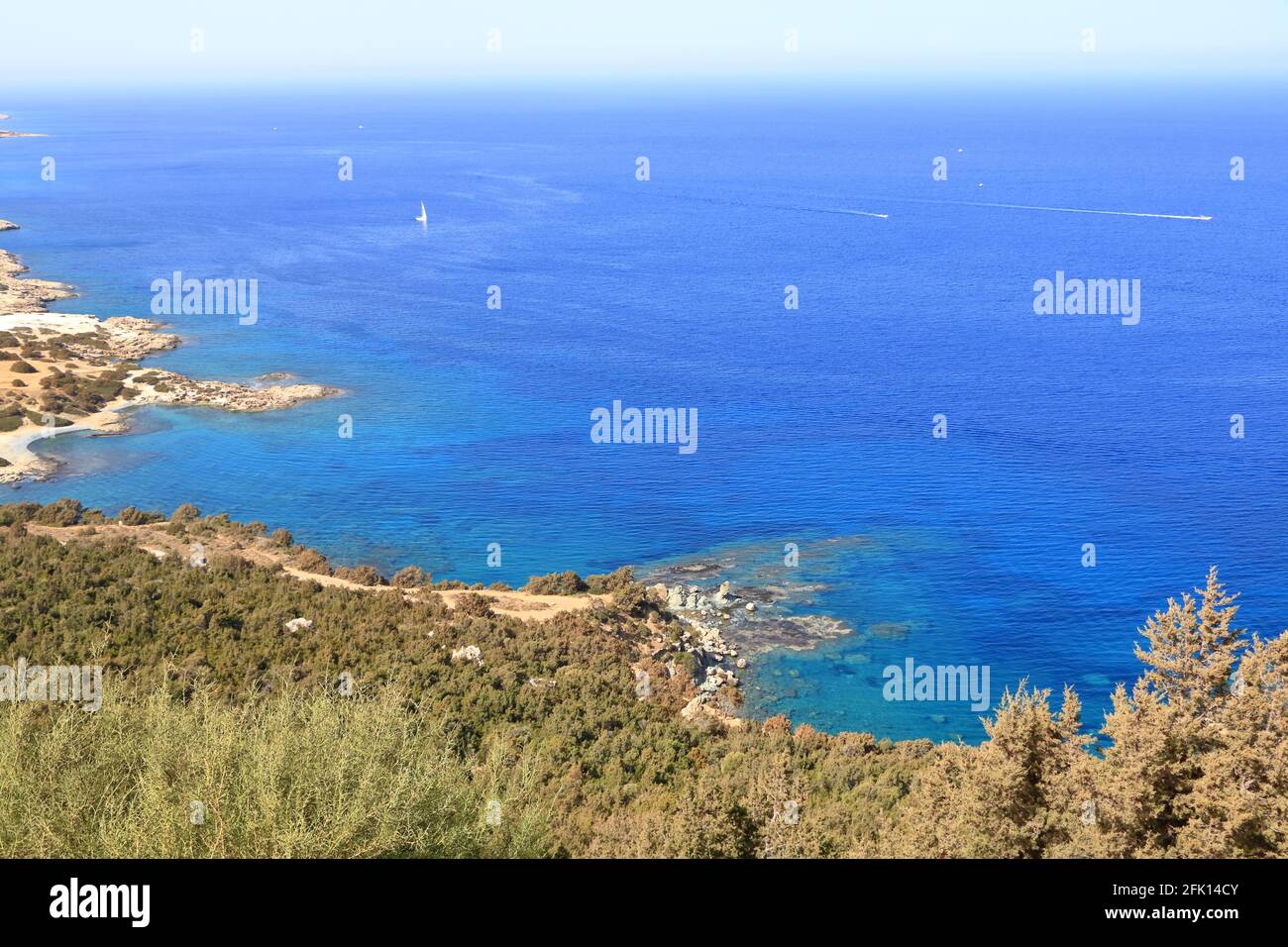 View from above to Cyprus island sea coast with blue lagoon. Akamas ...