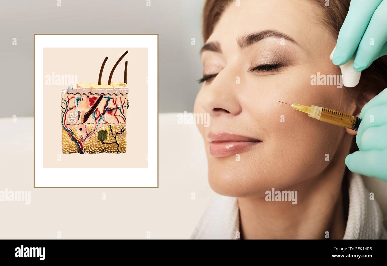 Facial PRP therapy. Beautician doing blood plasma injection for patient ...