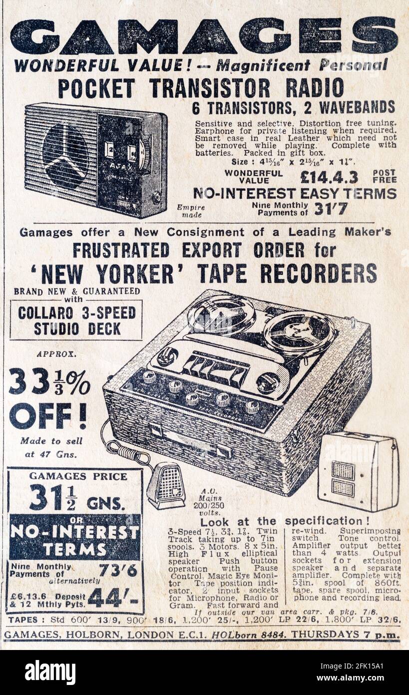 1961 newspaper advertisement for Gamages, featuring transistor radio ...