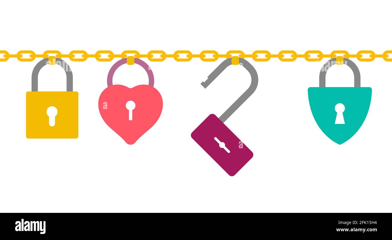 Cartoon padlocks of different shapes hanging on gold chain. Flat style ...