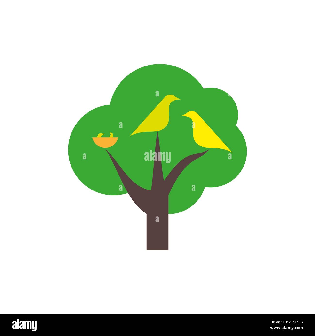 Birds family with nest icon. Green tree, nest with nestlings. Flat ...