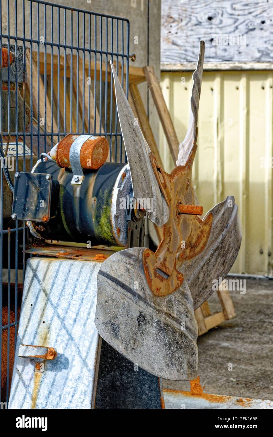 Old rusty discarded air compressor powered by electric motor - Astoria ...