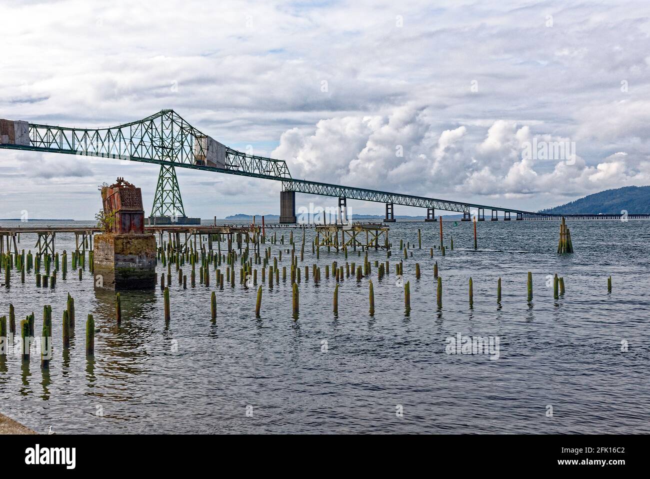 Astoria-Megler Bridge, Columbia River and wood pylons, Astoria, Oregon ...