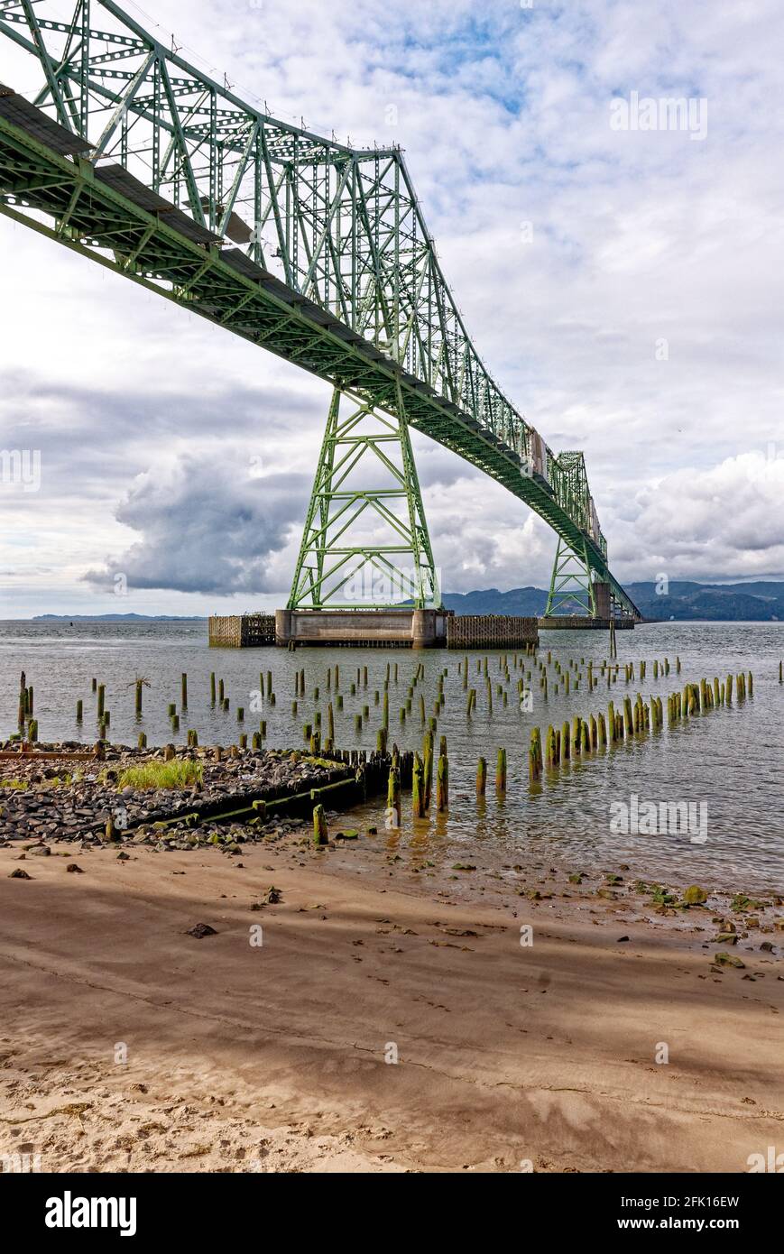Astoria-Megler Bridge, Columbia River and wood pylons, Astoria, Oregon ...
