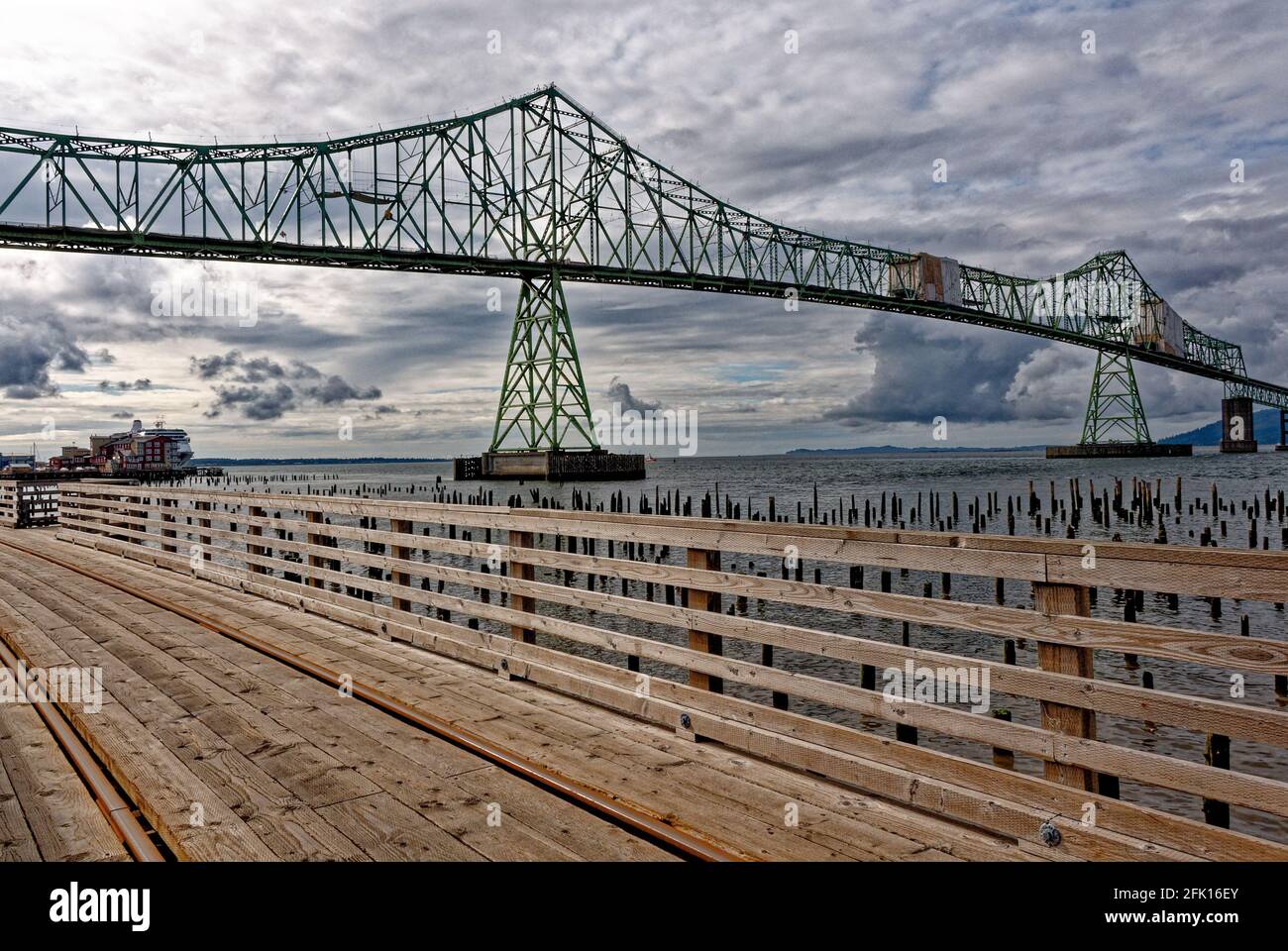 Astoria-Megler Bridge, Columbia River and wood pylons, Astoria, Oregon ...