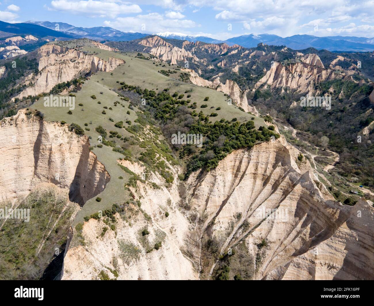 Aerial Spring view of Melnik sand pyramids, Blagoevgrad region ...