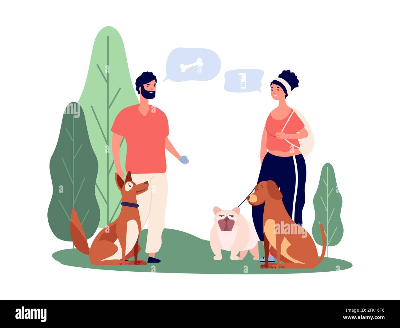 Pet owners. People walking pets, man and woman with dogs. Happy couple ...