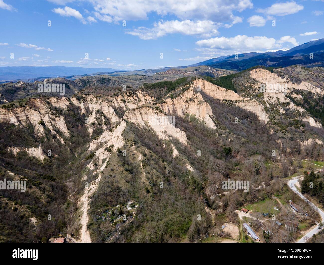 Aerial Spring view of Melnik sand pyramids, Blagoevgrad region ...