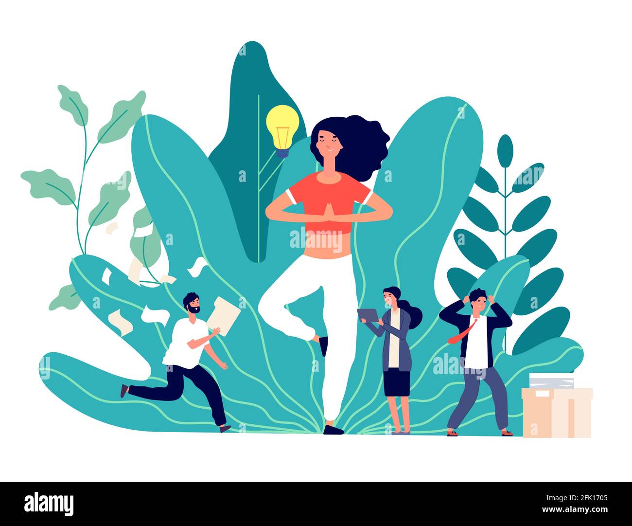 Meditation. Office work balance, creative woman works and thinks ...