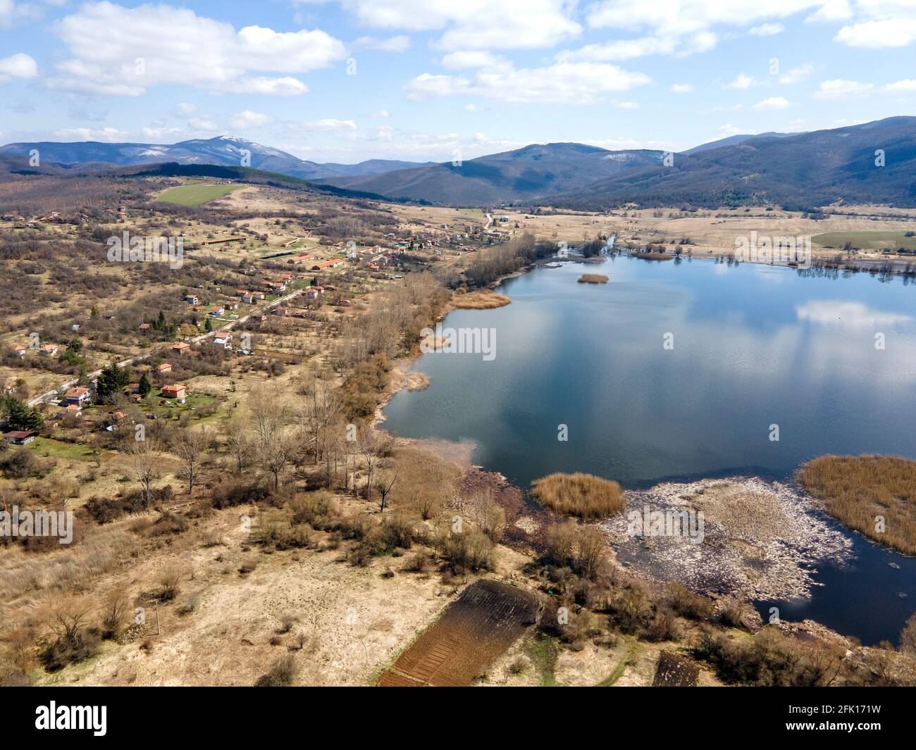 Aerial Spring view of Choklyovo swamp at Konyavska Mountain, Kyustendil ...