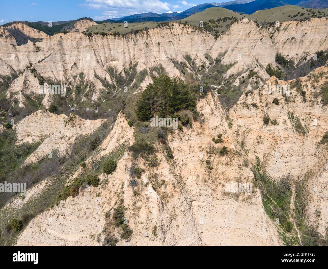 Aerial Spring view of Melnik sand pyramids, Blagoevgrad region ...