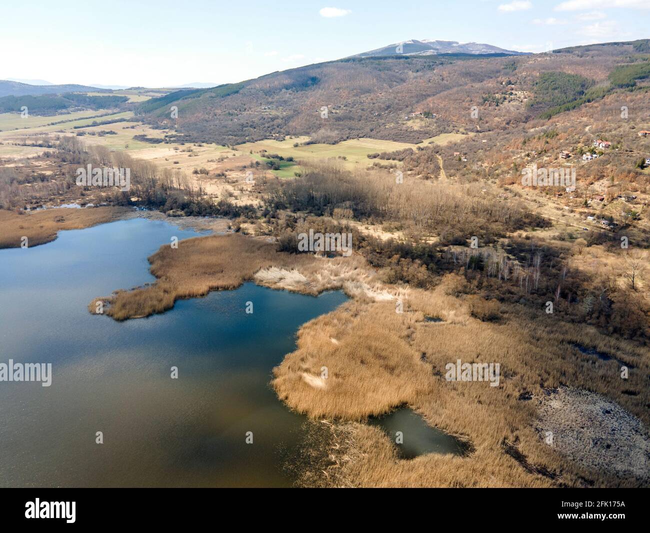 Aerial Spring view of Choklyovo swamp at Konyavska Mountain, Kyustendil ...