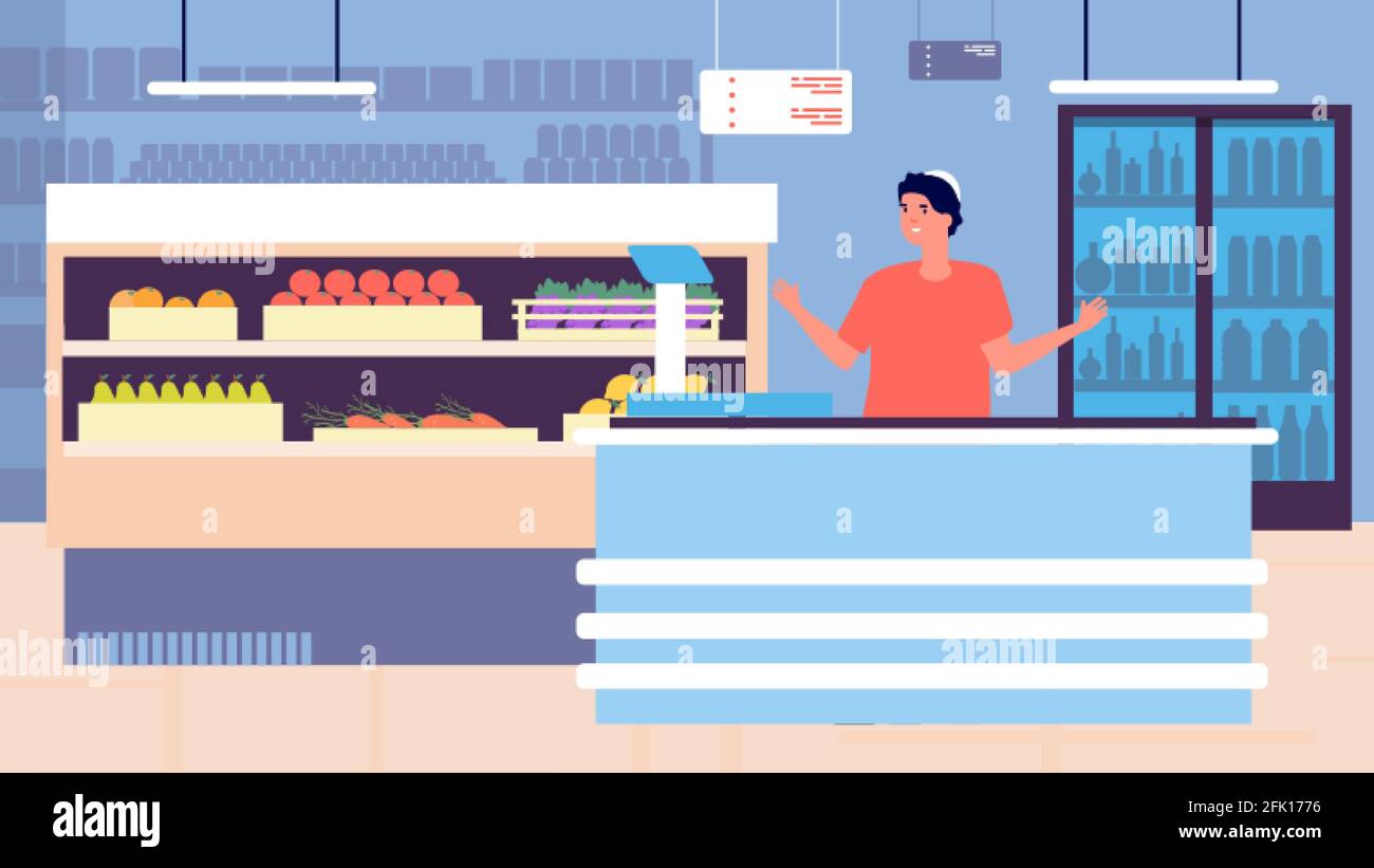 Grocery store shopping. Retail store interior and young cashier ...
