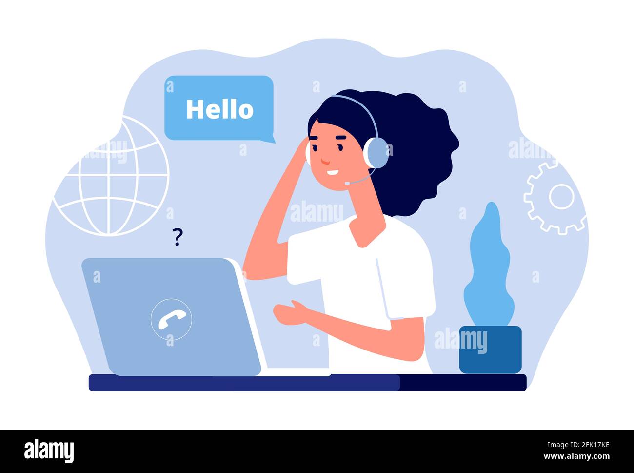 Support center. Calls administrator, woman with laptop and headphones ...