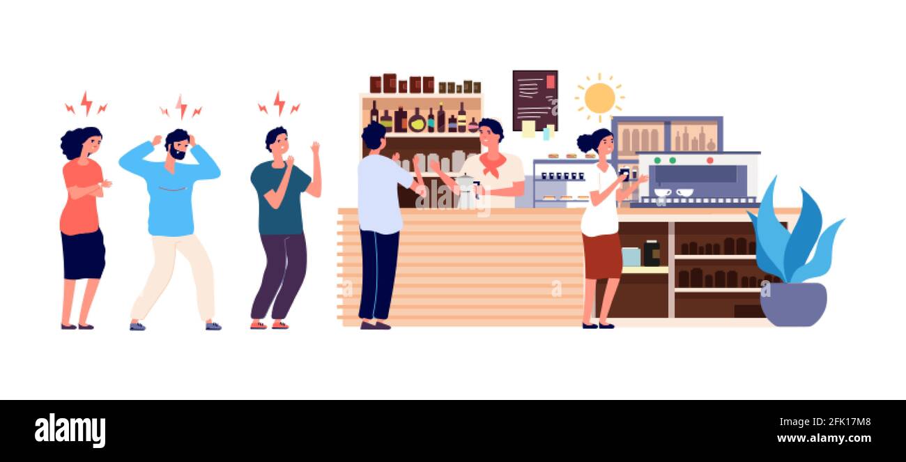 Morning coffee. People queue in cafe. Angry and happy office workers ...