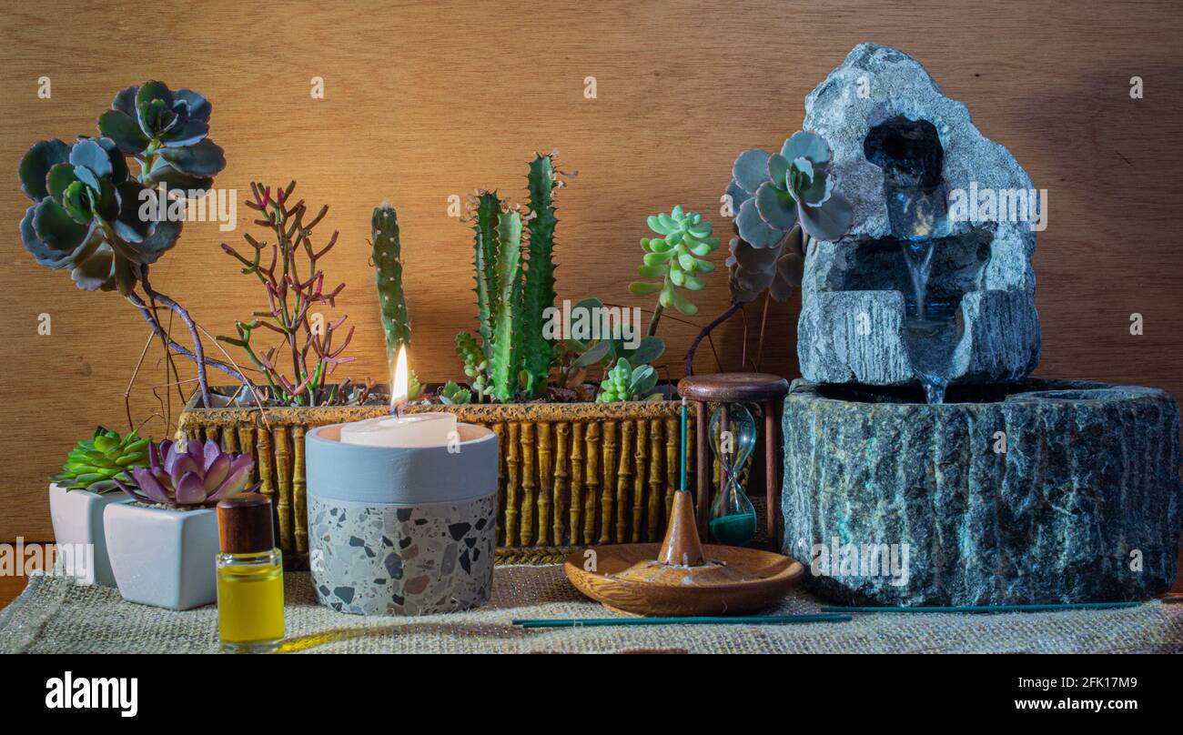 Relaxing home shrine with objects for relaxing and meditation objects ...