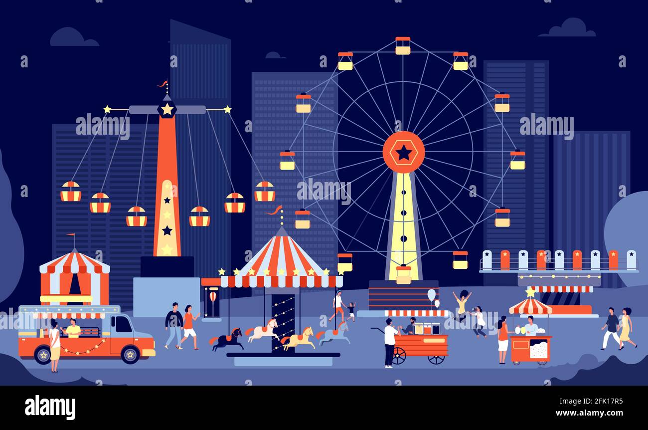 Night market. Nighttime fair, crowd people outdoor eating walking ...