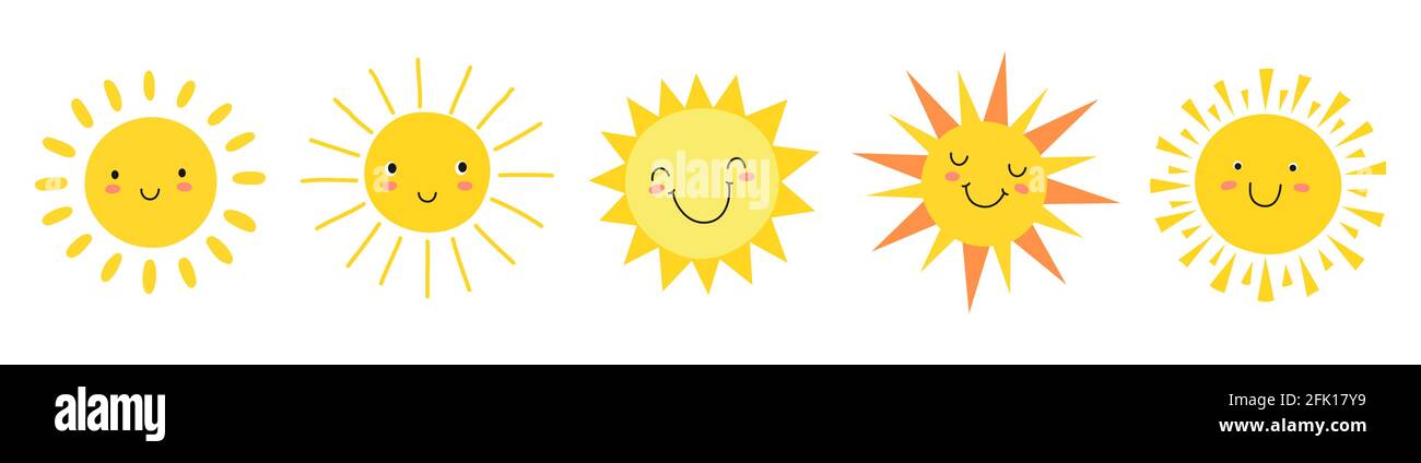 Cute suns. Sunshine emoji, cute smiling faces. Summer sunlight ...