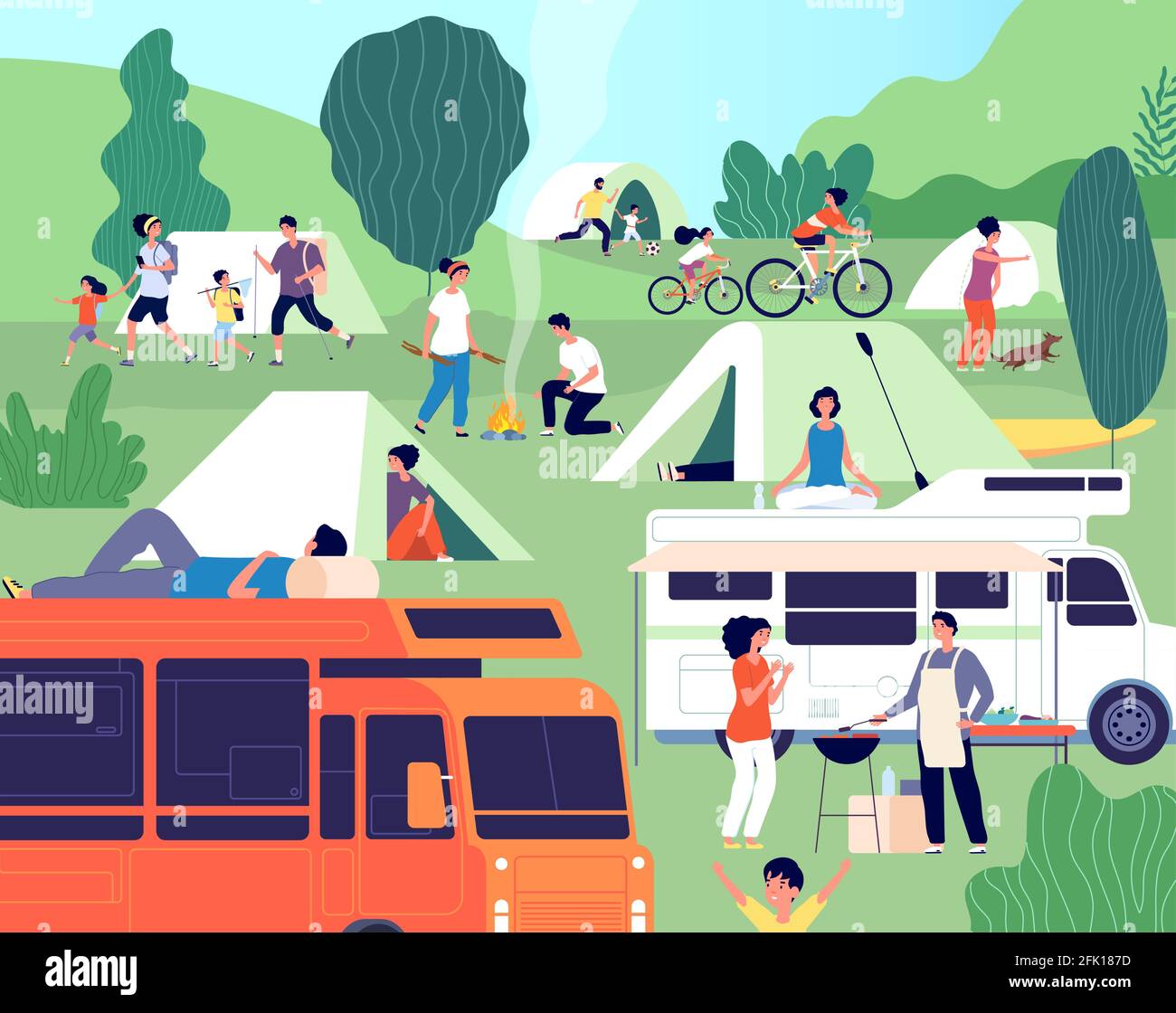 Summer camp. Happy diverse people camping on nature. Group friends with ...