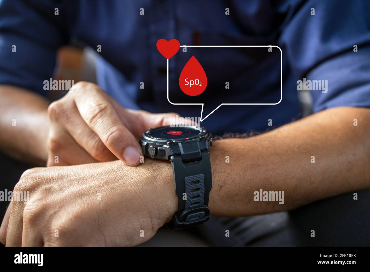male hand holding wearing smart watch with measure pulse rate and ...