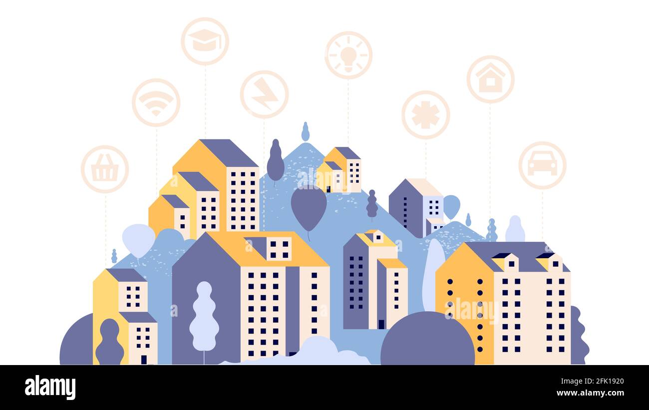 Smart city. Country landscape with houses and clever icons. Urban ...