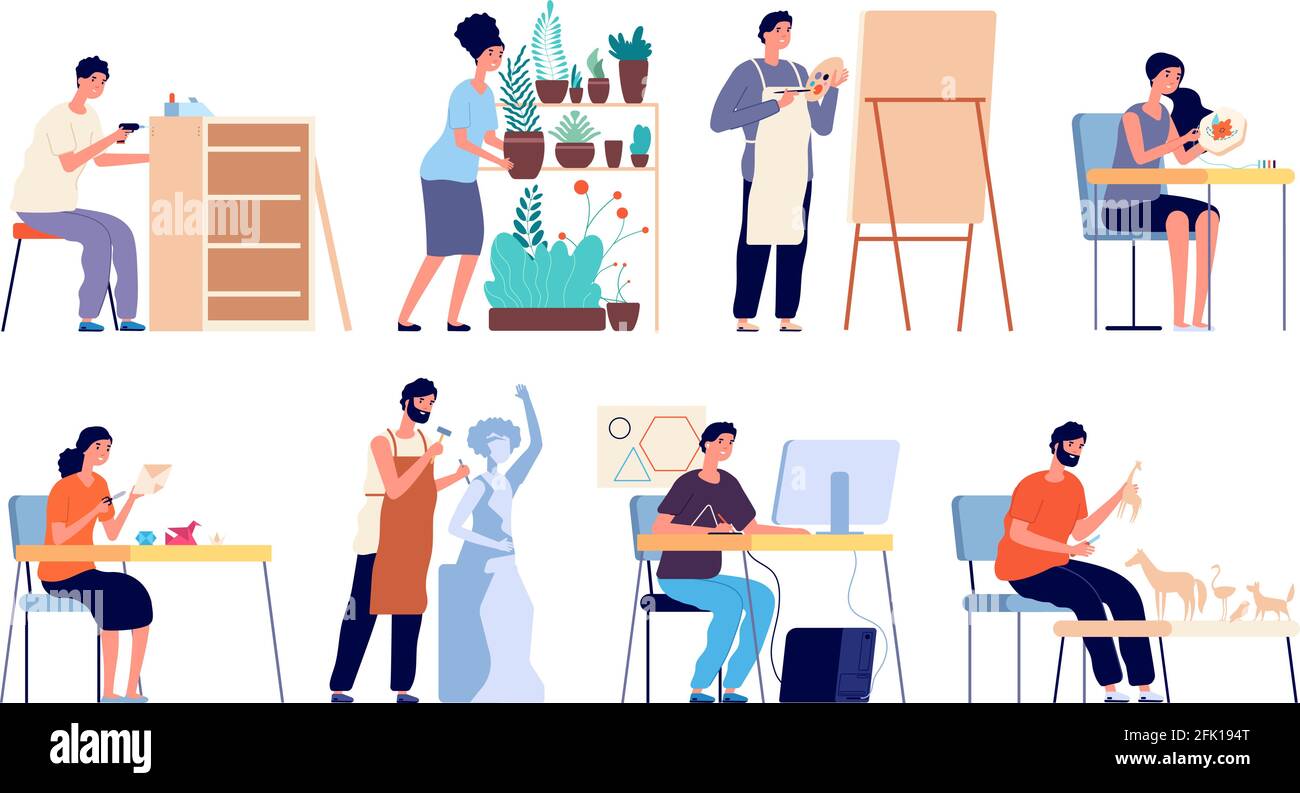 Creative workers. Handicraft people, handmade hobbies. Artist and ...