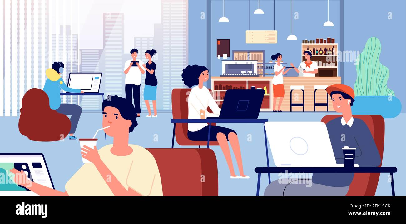 Working in cafe. Coffee store, business coworking inside bar. Friends ...