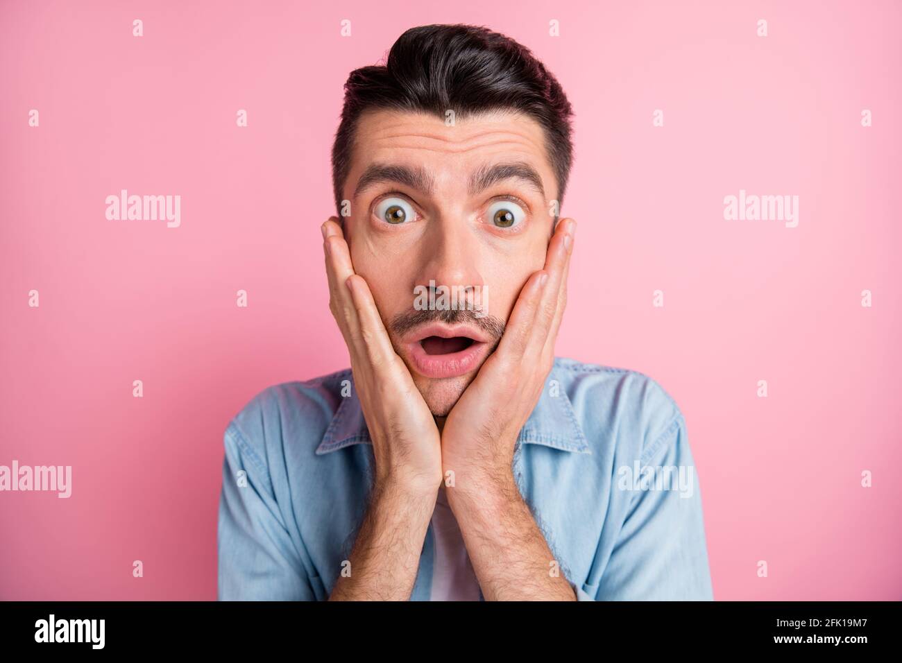 Close-up portrait of worried nervous frustrated guy incredible news ...