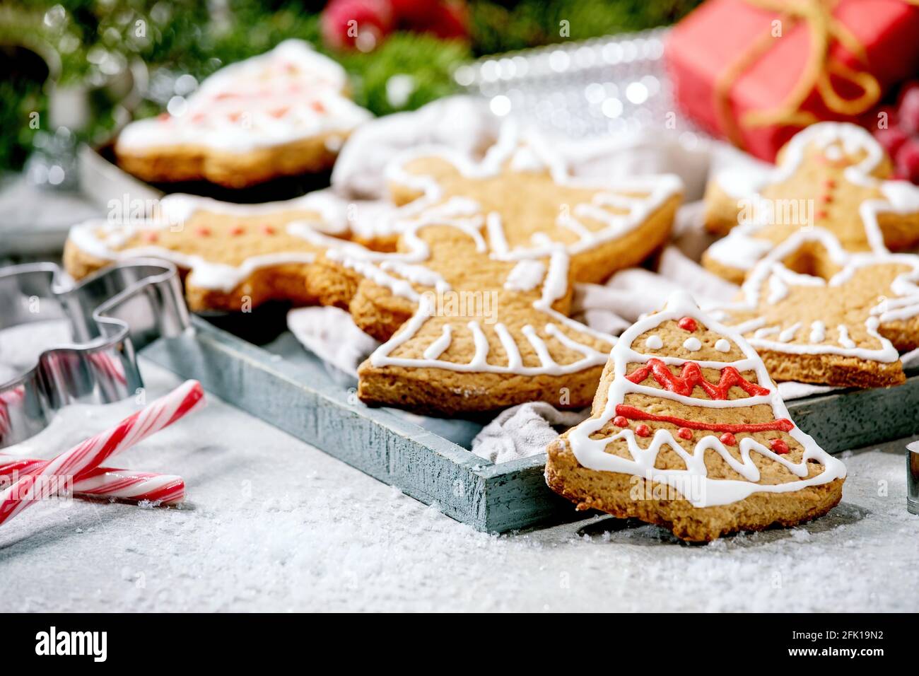 Homemade traditional Christmas gingerbread cookies with icing ornate ...