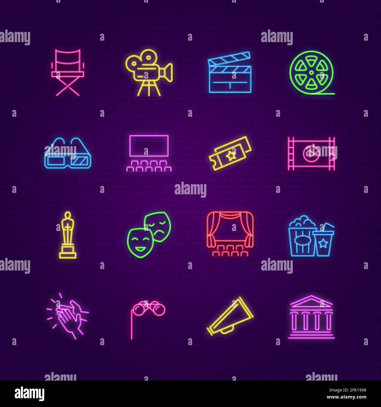 Cinema icons. Neon entertaiment colorful symbols. Led outdoor signs or ...