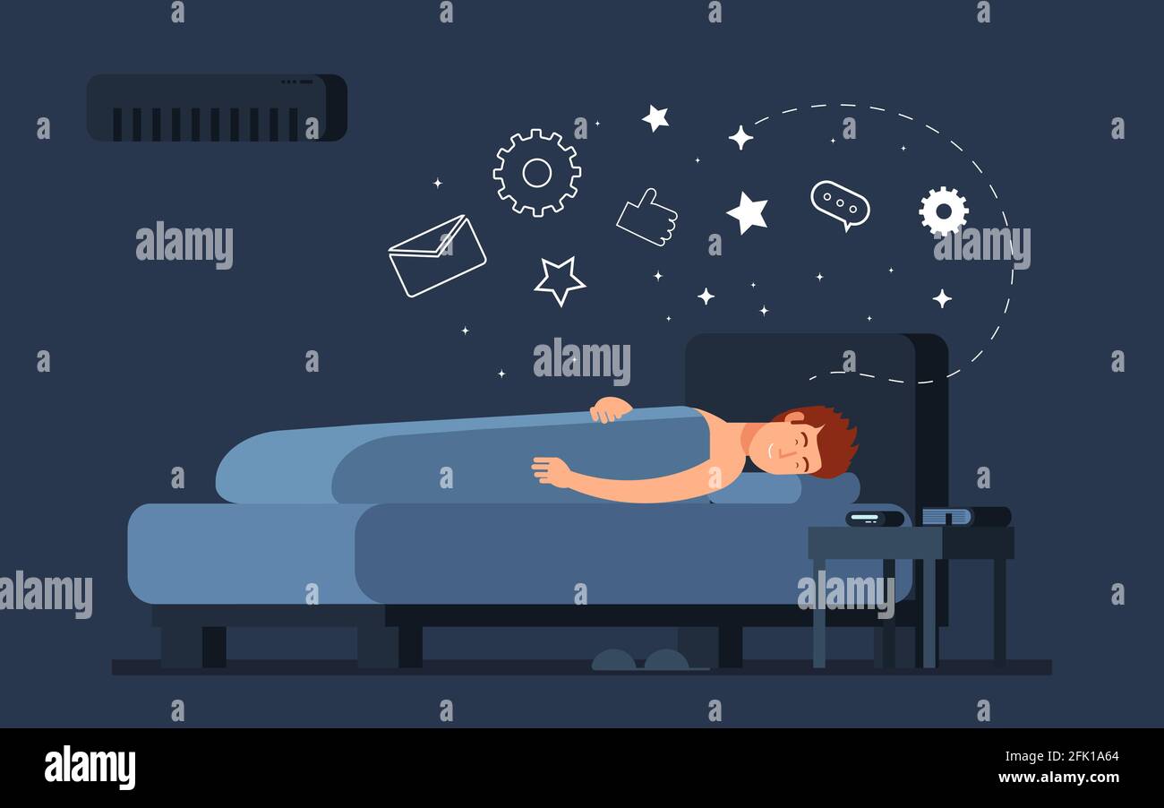 Sleeping man concept. Guy bed, night dreams. Male sleep at home in ...