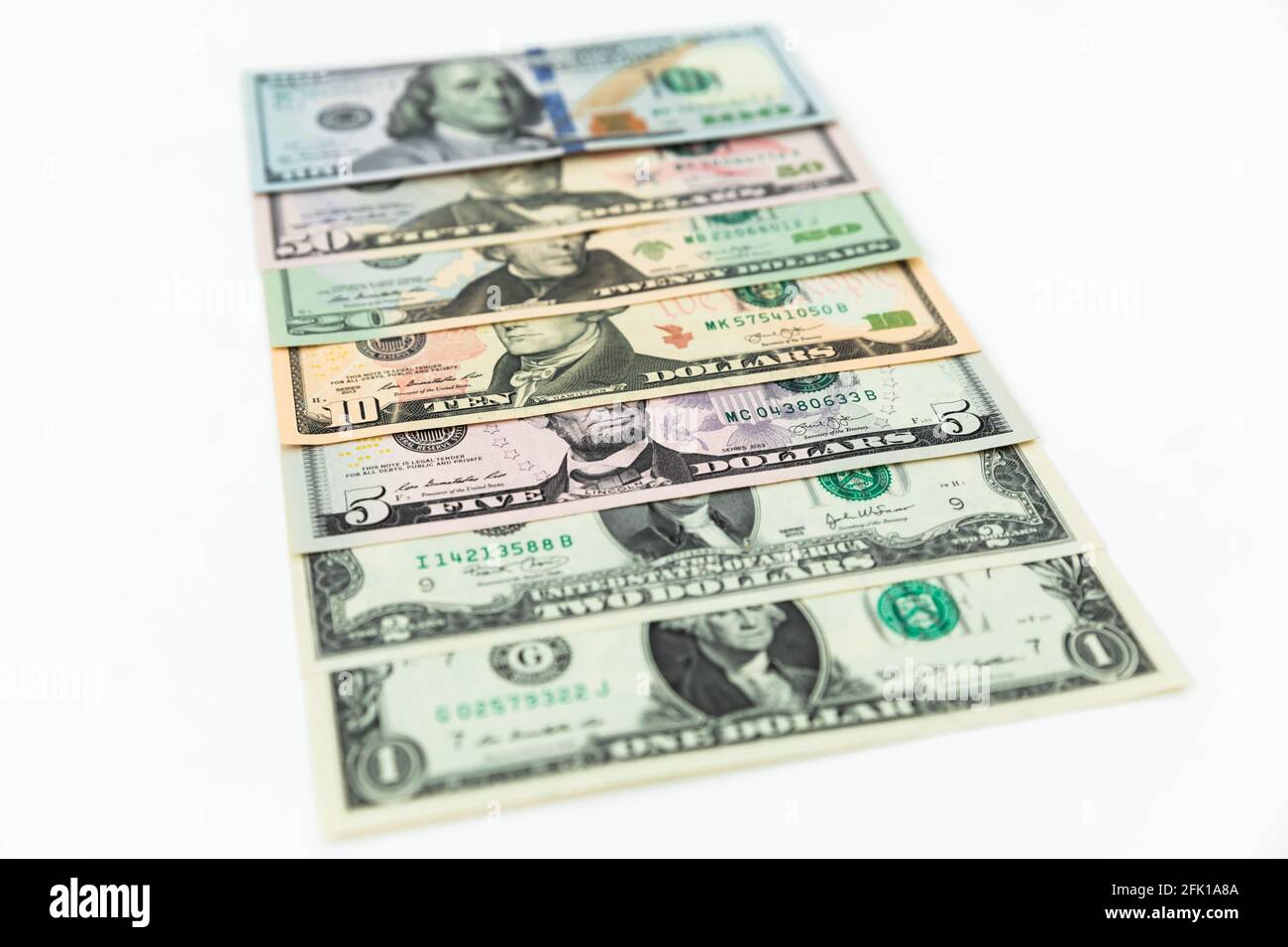 US dollars banknotes. Finance concept of 5, 10, 20, 50 and 100 dollar ...