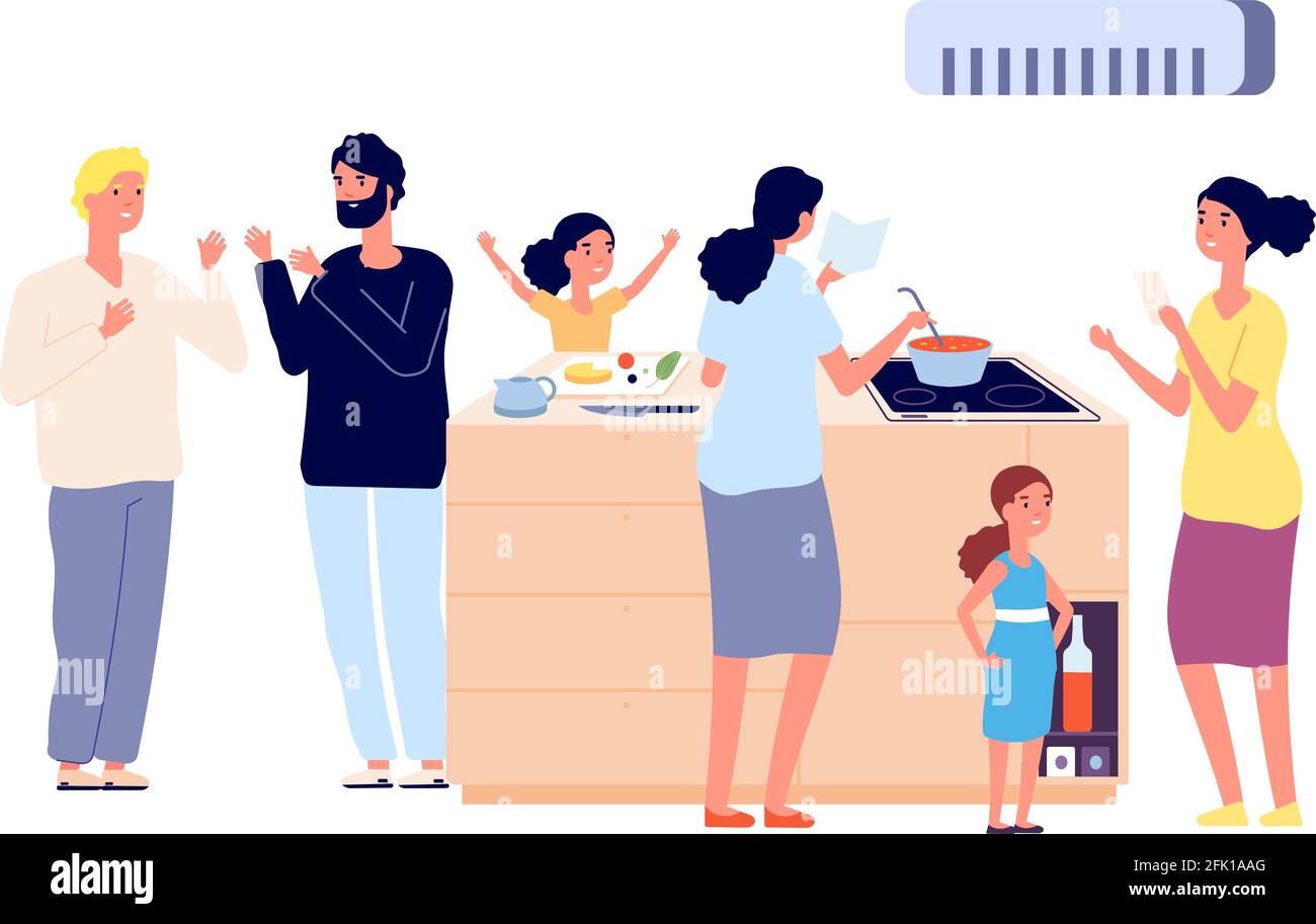 Party with food. Women cooking, men talking. Family with kids on ...