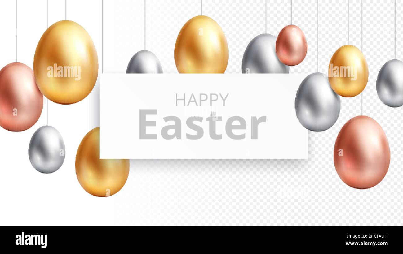 Happy easter. Egg hunting banner, celebrating poster with hanging gold eggs. Isolated springtime ...