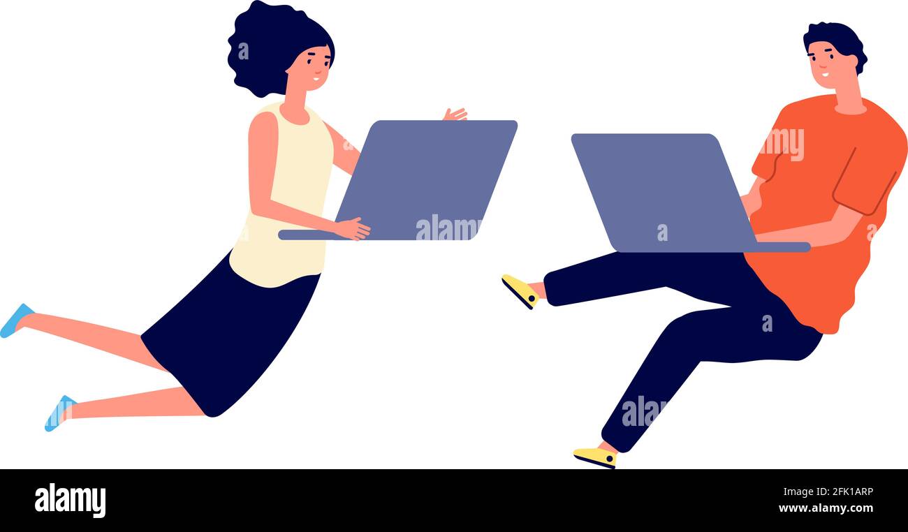 Flying people work. Woman workflow. Male female inspiration, creative ...