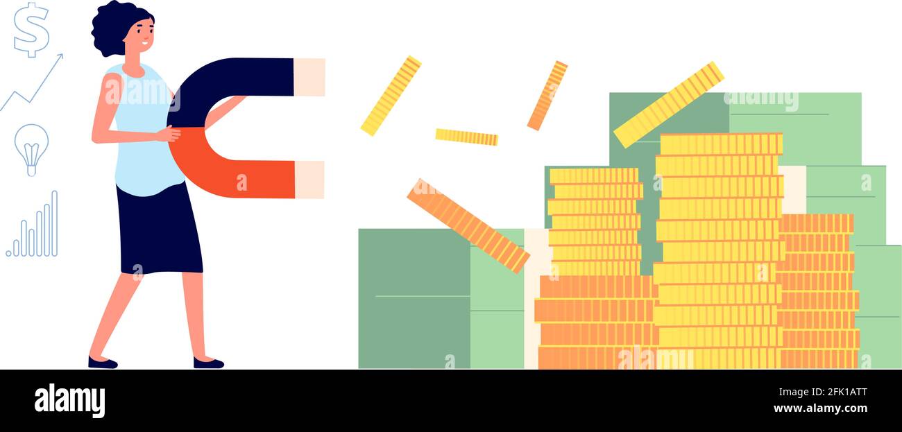 Money attraction. Woman holdings magnete. Business lady attracting ...