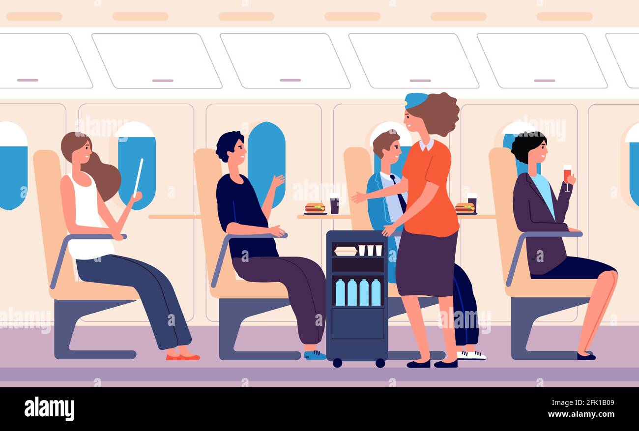 Airline service. Human transportation, stewardess served drink and food ...