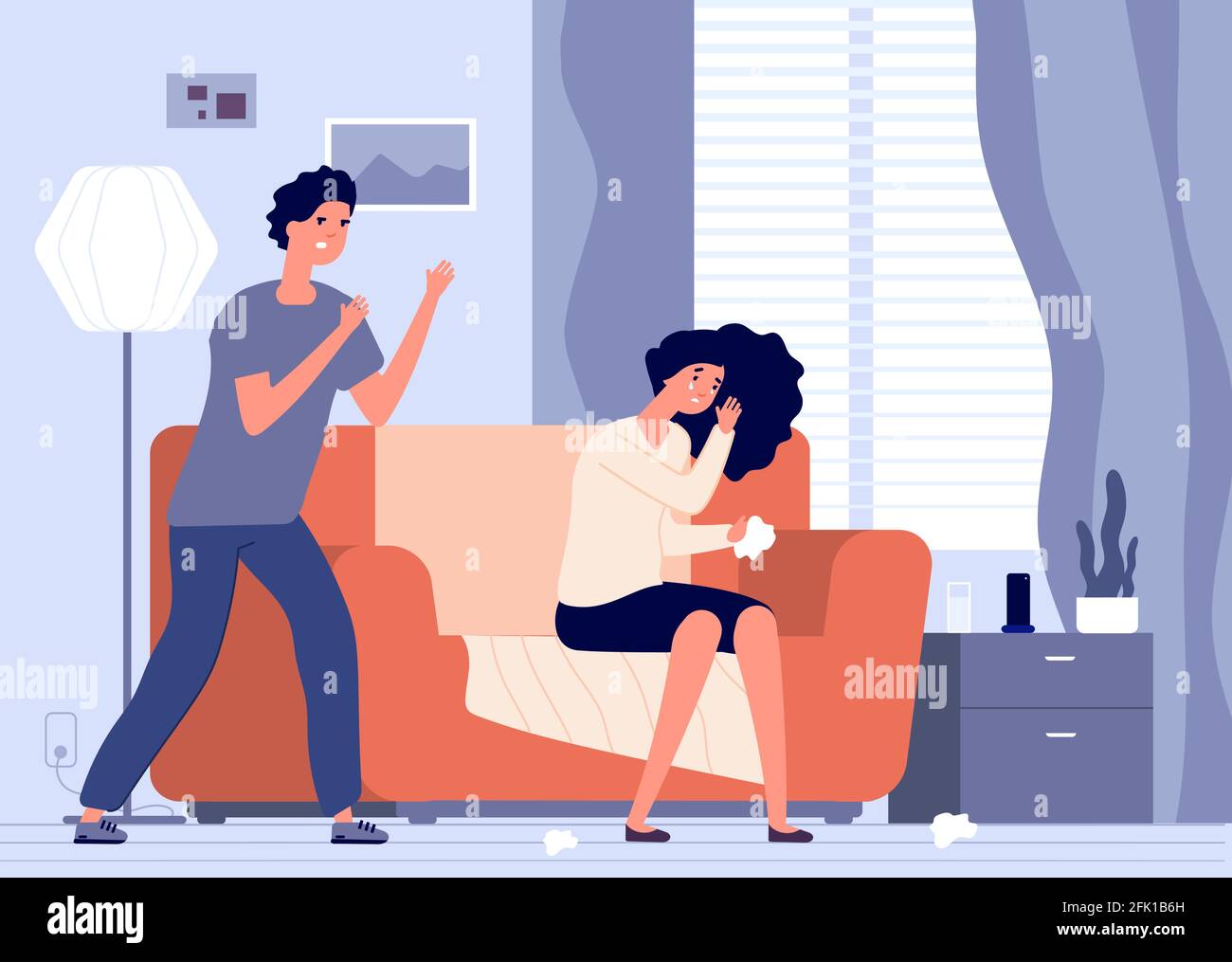 Domestic Violence Man Screams At Woman Girl Crying On Sofa In The