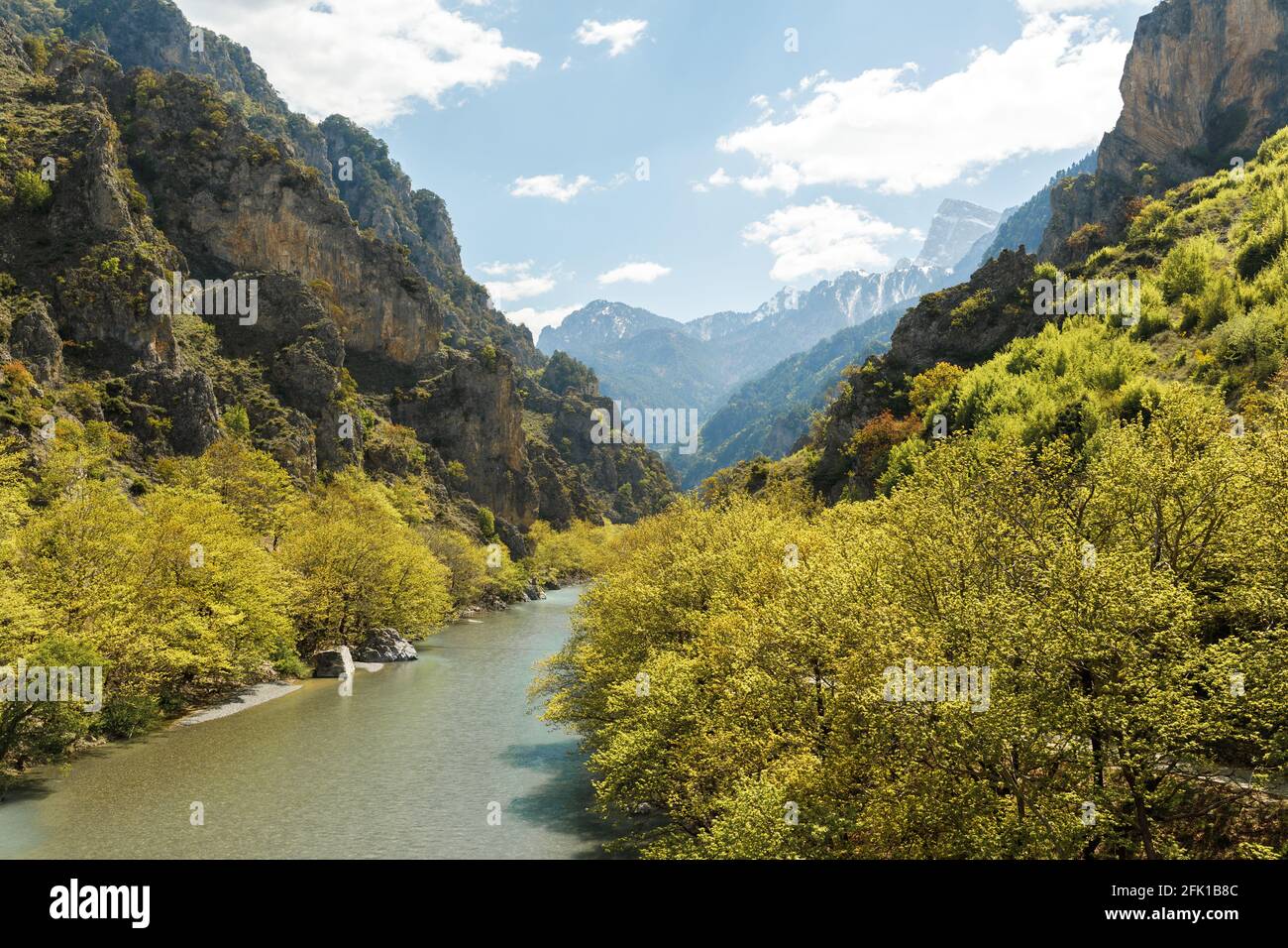 View from the pedestrian stone bridge Konitsa over river Aoos or Vjose ...