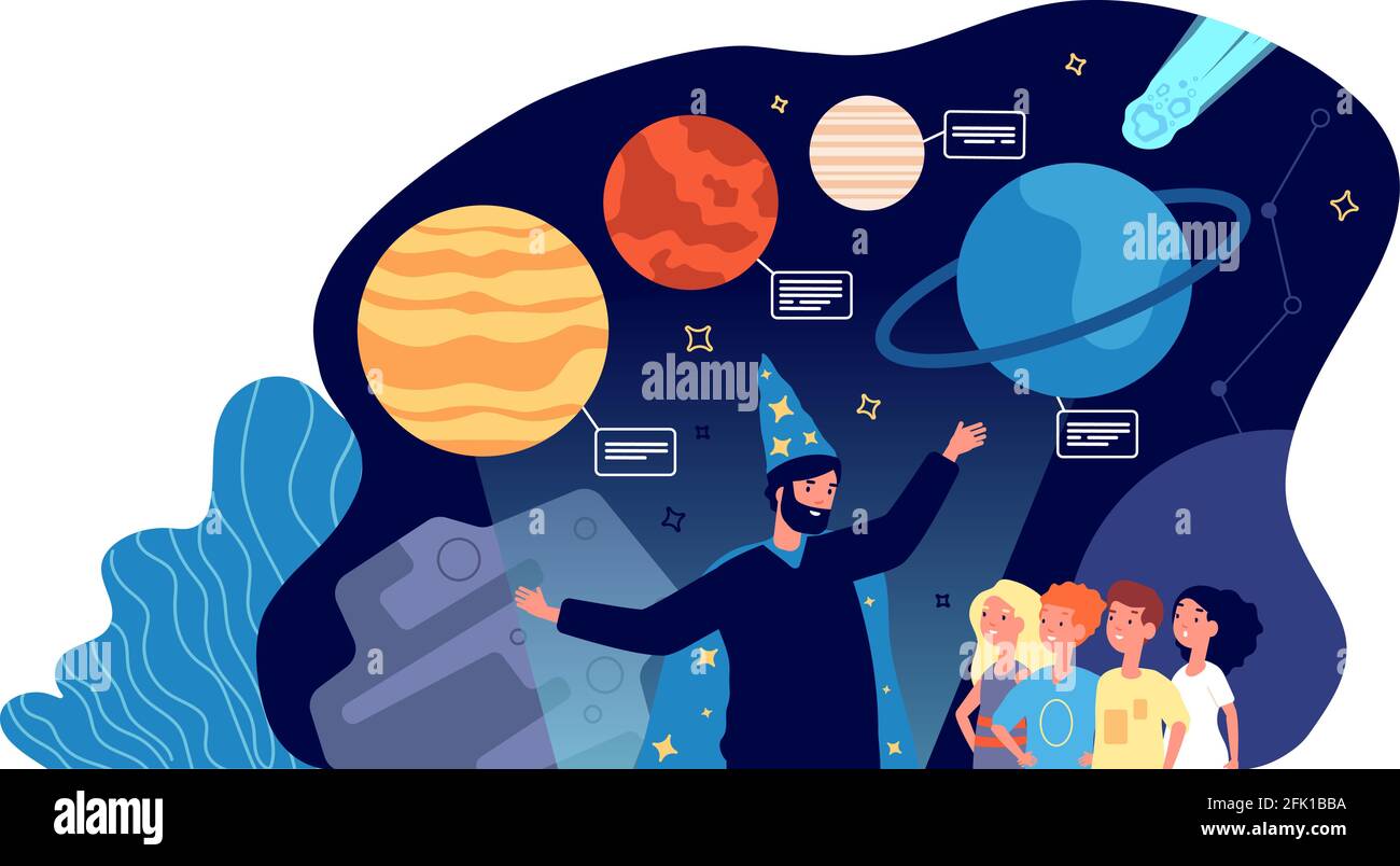 Planetarium. Kids looking planets, astronomy science lesson in ...
