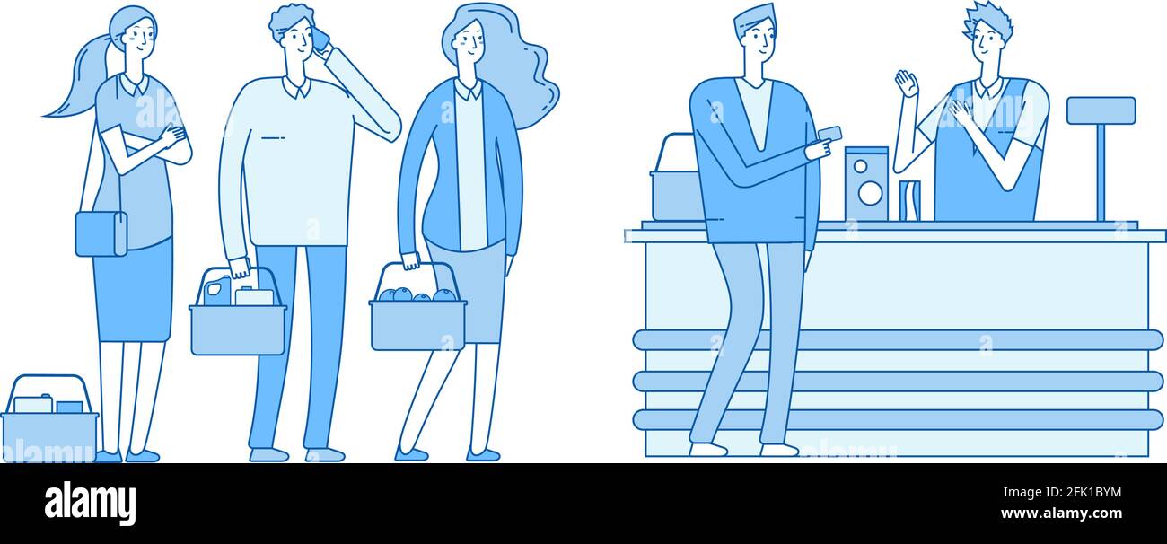 Grocery people queue. Woman man in waiting line to cashbox. Isolated ...