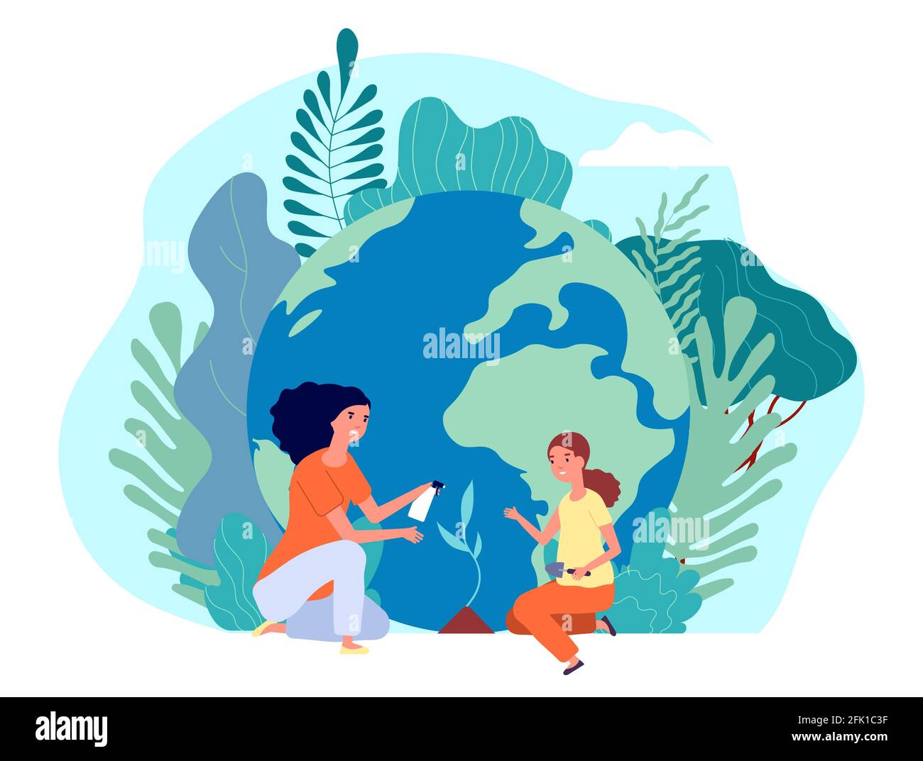 Saving planet. Environment day, ecology woman and girl planting tree ...