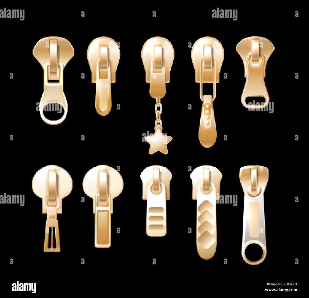 Golden pulls. Metal clothing garment components. Realistic gold cloth ...